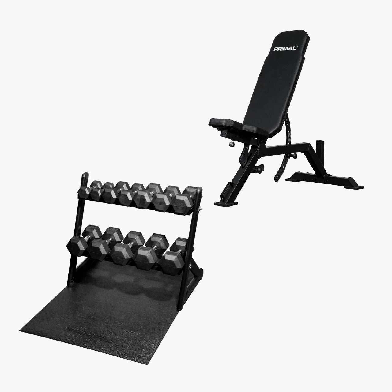 Primal Pro Series Light Commercial No Gap Utility Bench & Hex Dumbbell ...